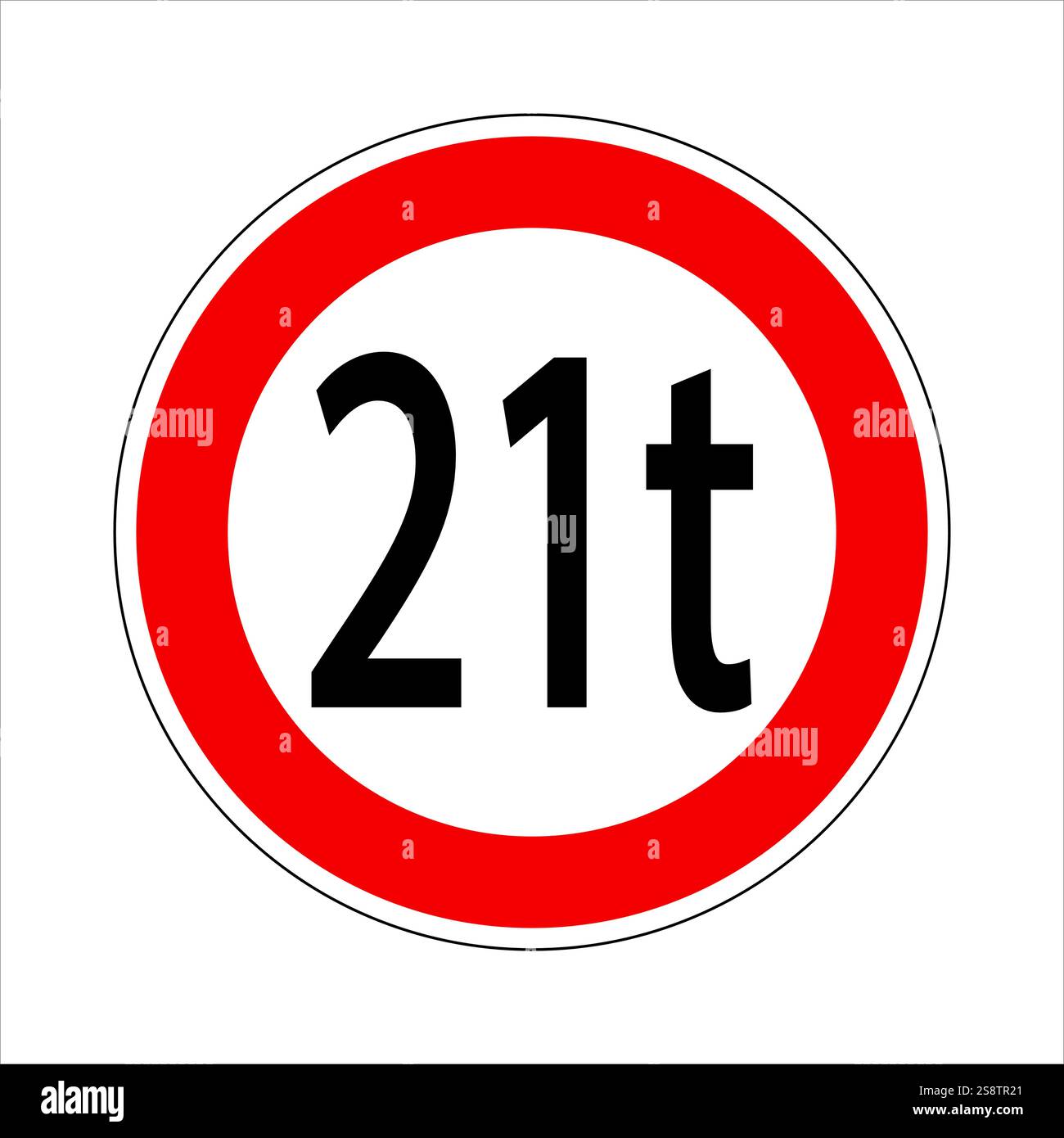 Regulatory road sign indicating a weight limit of 21 tons, typically ...