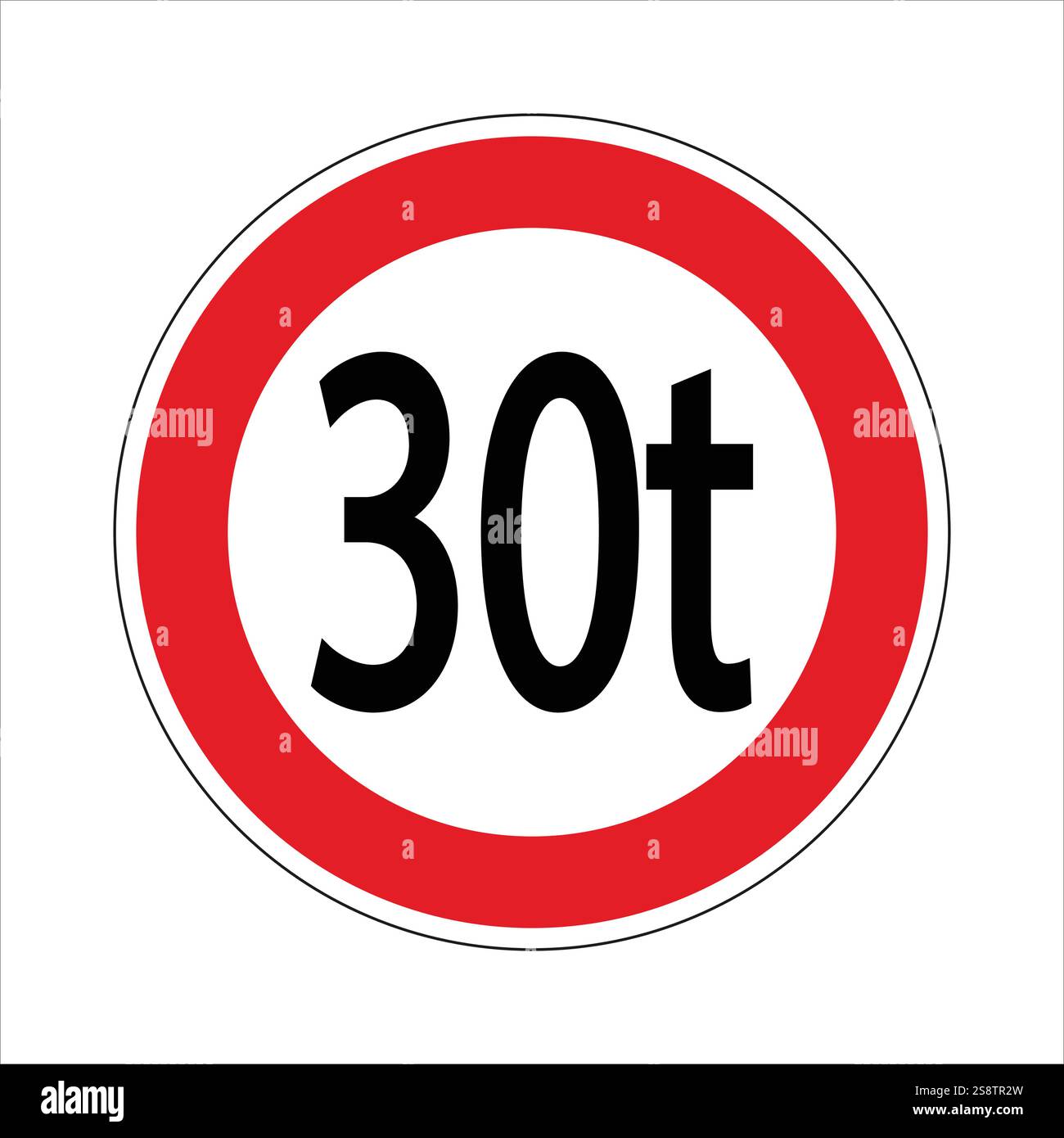 Red and white circular road sign showing a 30 tons weight limit for ...