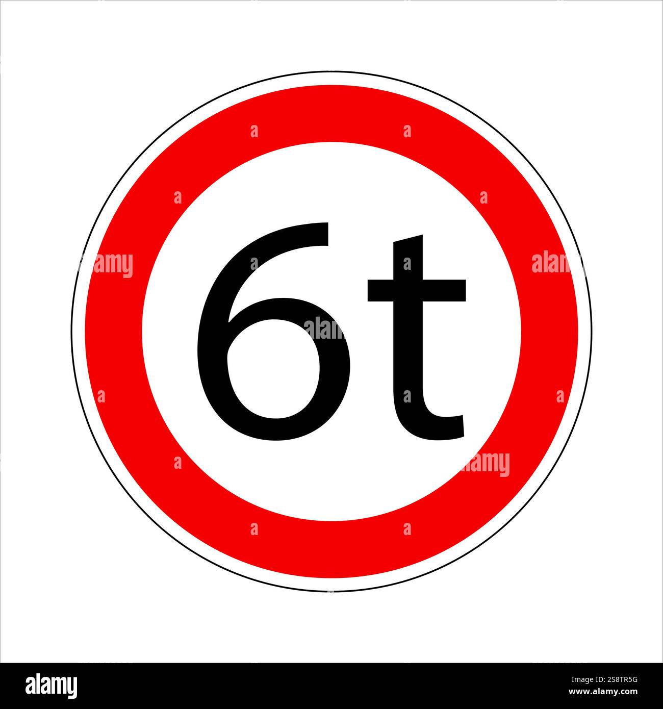 Regulatory road sign indicating a weight limit of six tons, prohibiting ...