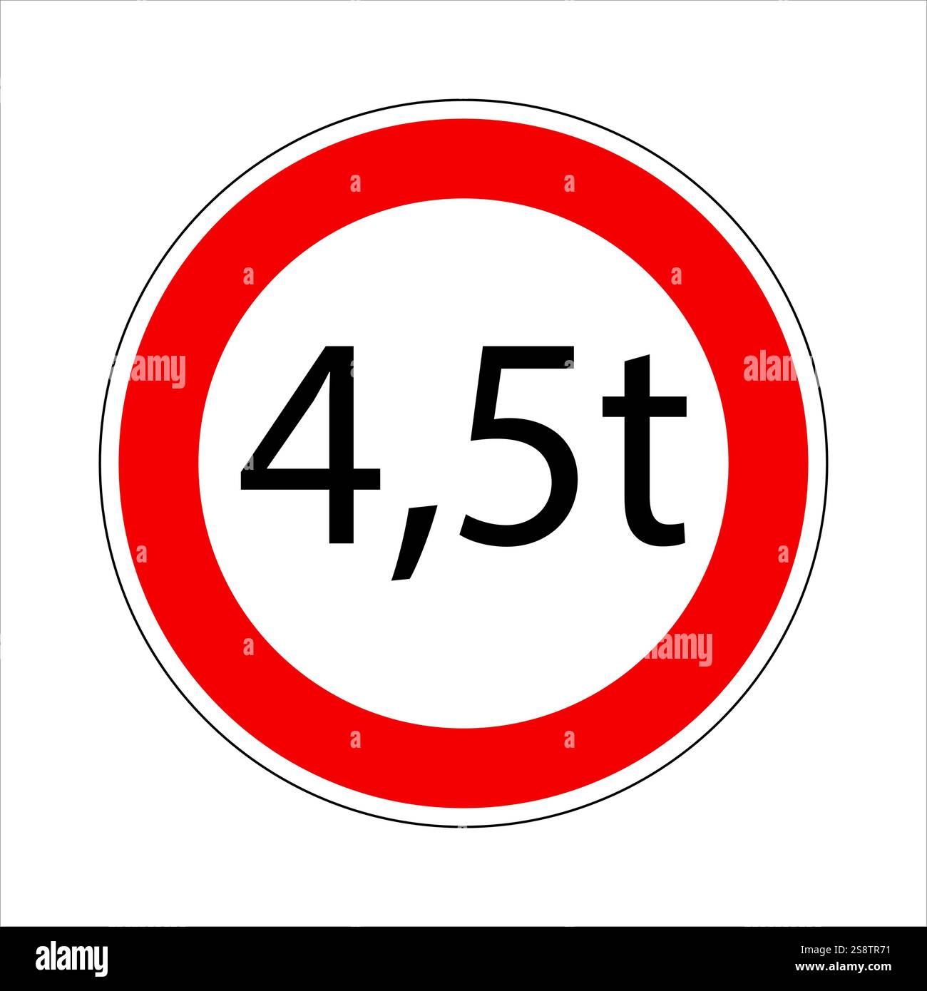 Round red road sign prohibiting vehicles exceeding 4.5 tons on a white ...