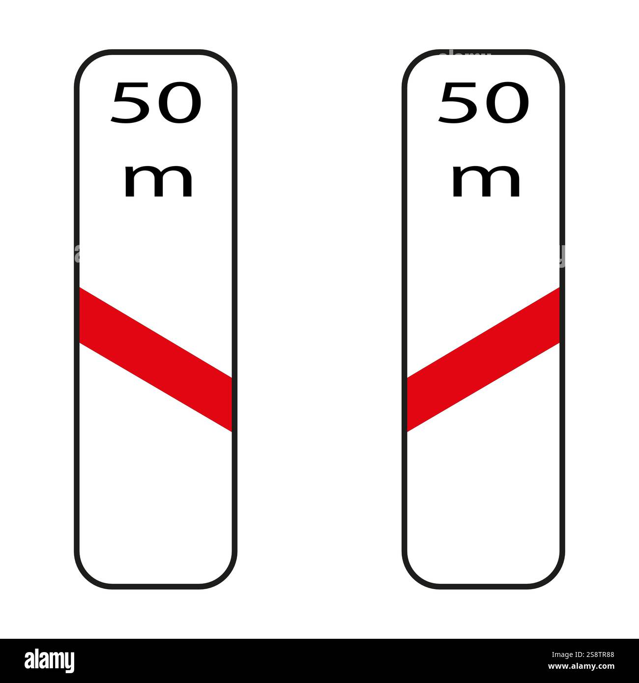 Two fifty meter marker road signs showing distance on white background ...
