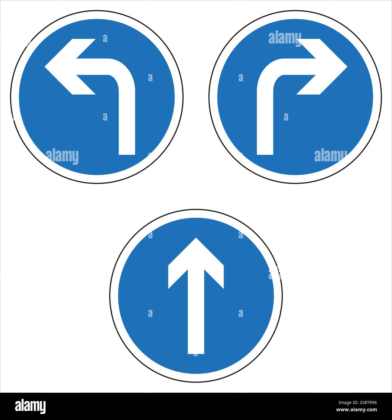 Set of three mandatory direction traffic signs indicating left turn, right turn and go straight ...