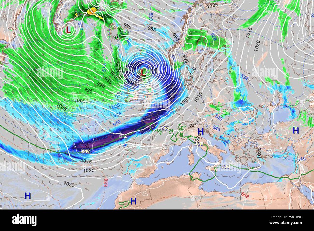 Weather map. Notices. Rain. Torrential rain due to an electrical storm ...