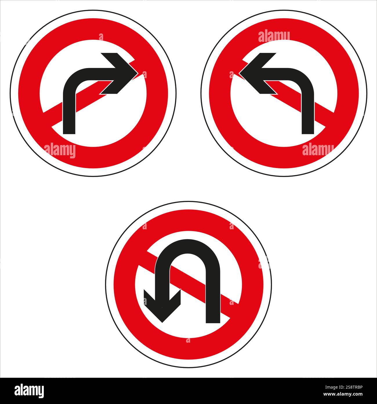 Round road signs showing prohibited turning maneuvers, including no ... Round road signs showing prohibited turning maneuvers, including no ...