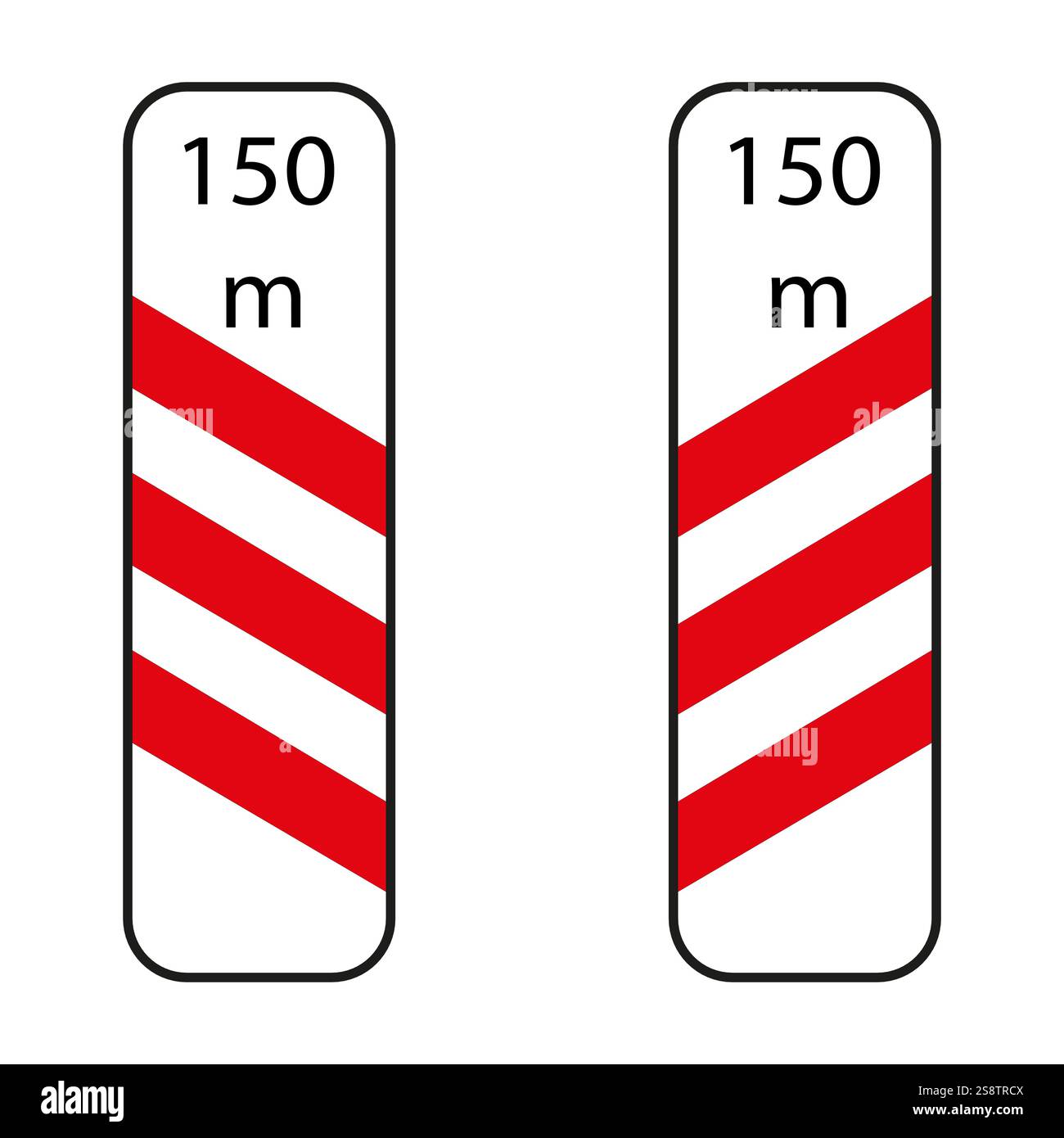 Railway markers with red and white stripes indicating 150 meters ...