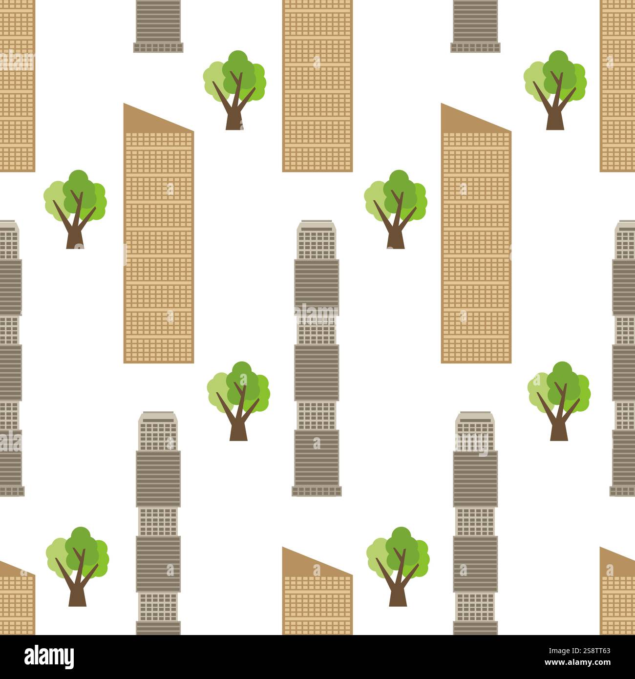 Seamless city background with modern houses and green trees. Vector ...
