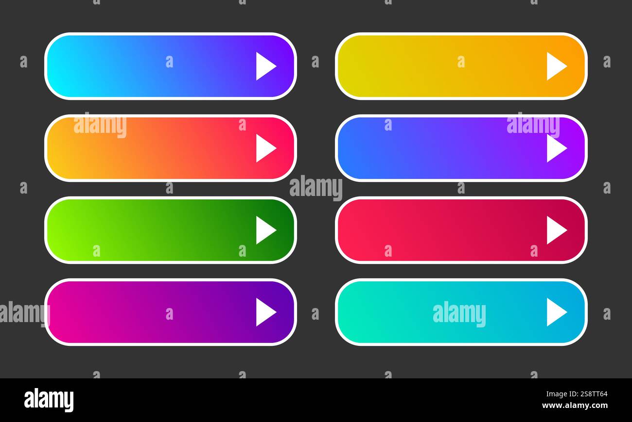 Colorful gradient buttons with arrows. Set of eight modern abstract web buttons. Vector ...