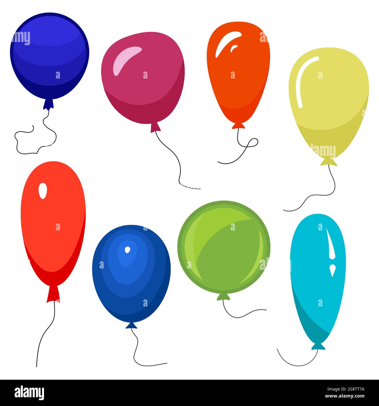 Set of eight colorful balloons with a string isolated on white ...