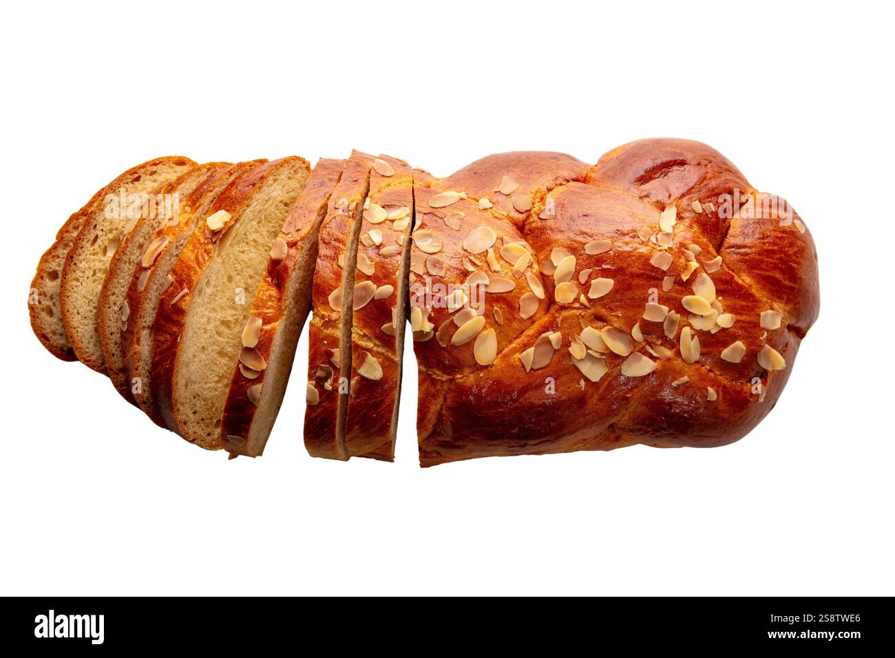 Easter greek tsoureki braid sliced isolated on white, Sweet bread ...