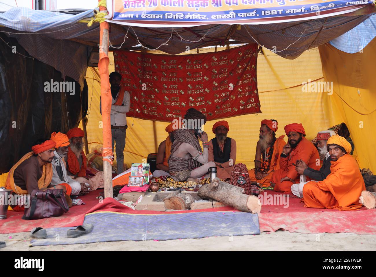 Sadhu tent, Maha Kumbh Mela, Prayagraj, Uttar Pradesh, India. Hindu ...
