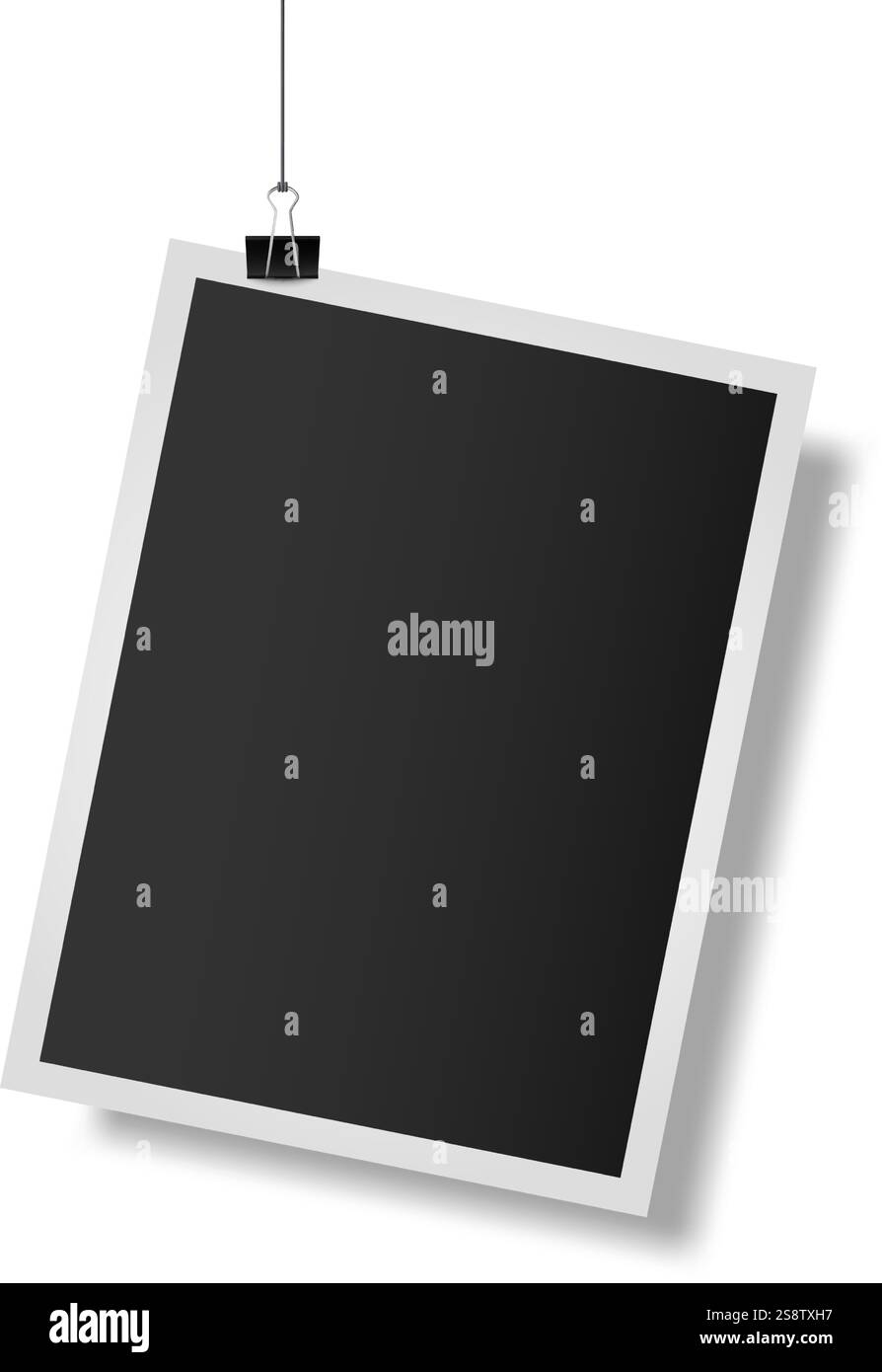 Photo frame hanging with binder clip isolated on white background is ...