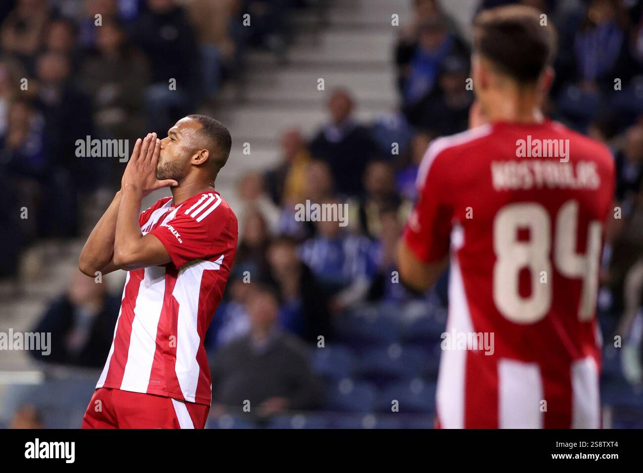 Olympiacos' Ayoub El Kaabi reacts after failing to score during the ...