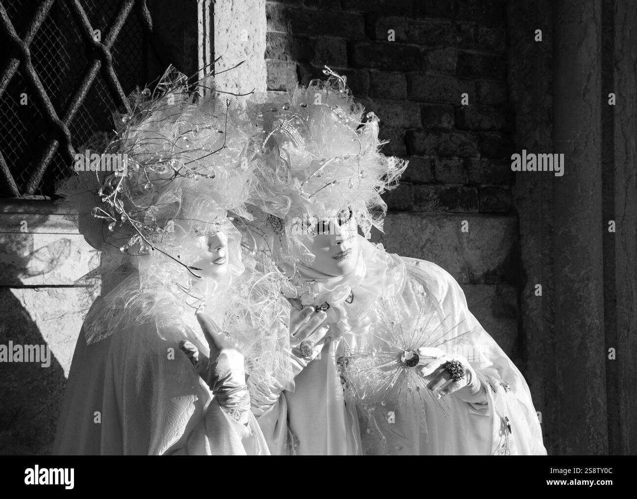 Valentine day in Venice. Two fluffy white masks in St Mark's Square ...