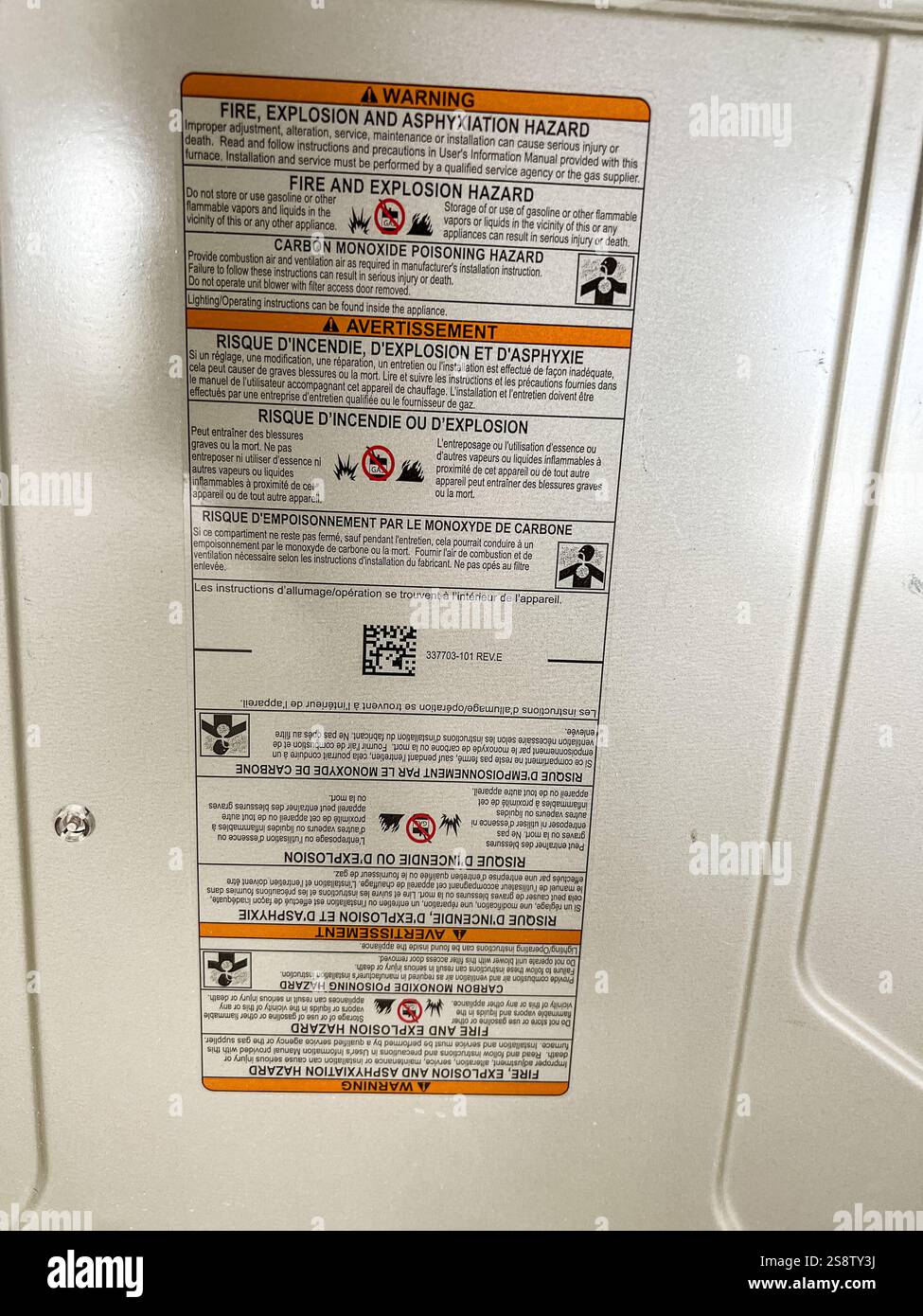 Warning Label on Bryant Furnace in New Construction Home Stock Photo ...
