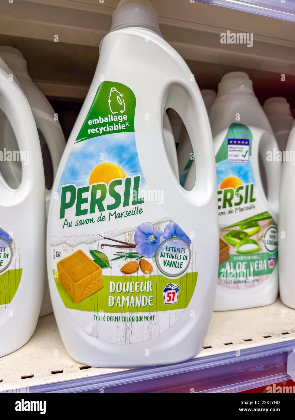 Eco-friendly detergent in vibrant packaging on store shelf Stock Photo ...