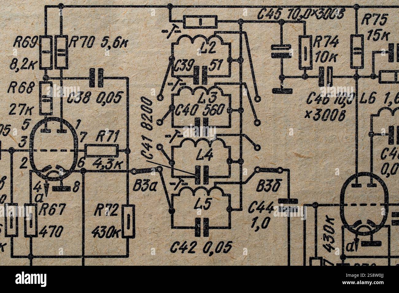 Old radio circuit printed on vintage paper electricity diagram as ...
