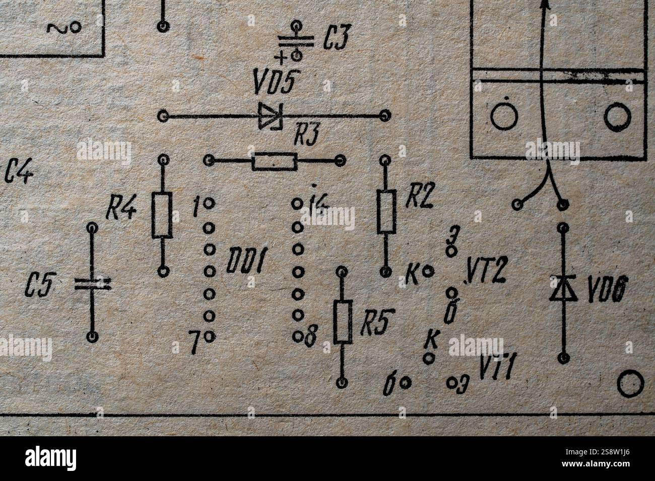 Old radio circuit printed on vintage paper electricity diagram as ...