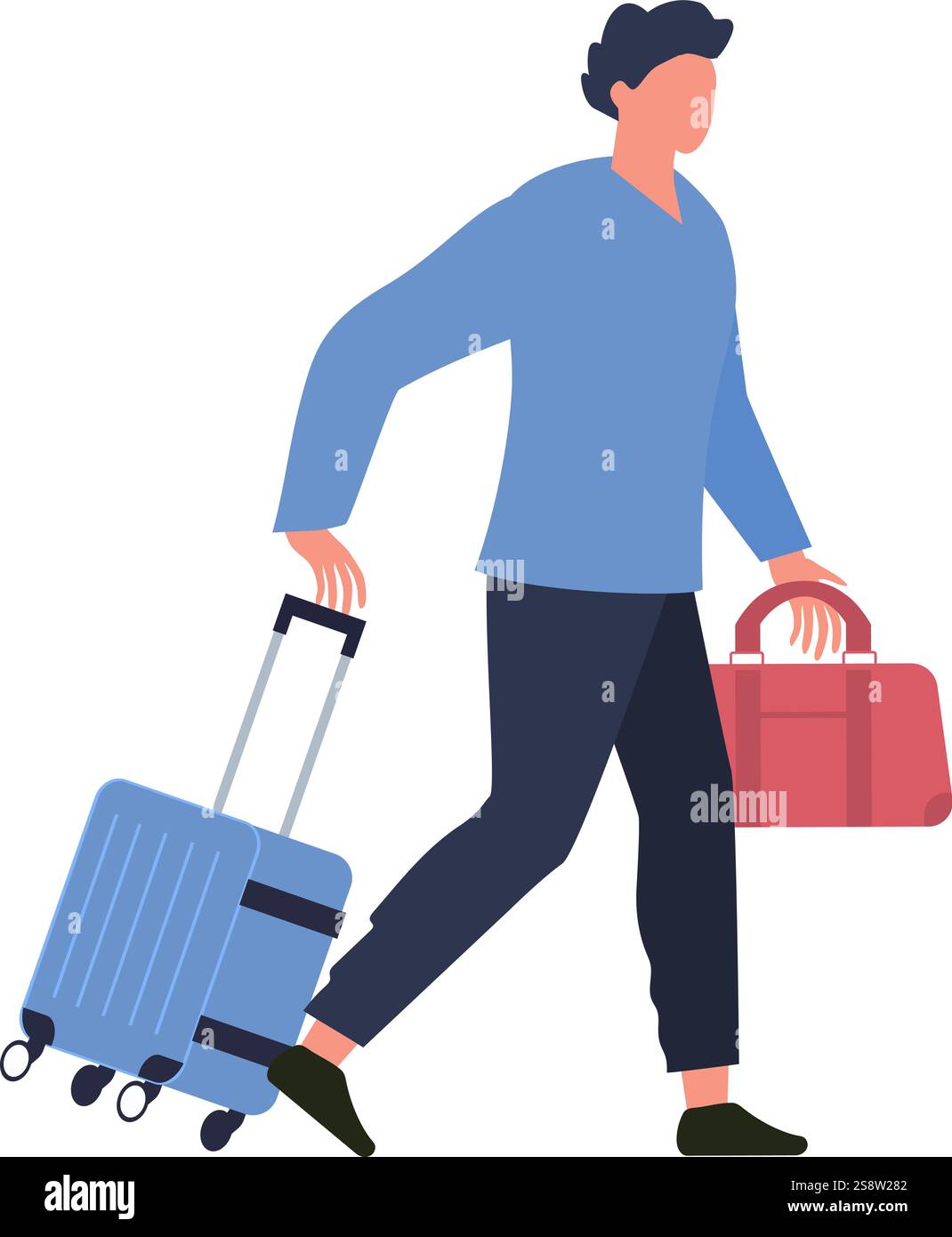 Businessman walking fast at the airport terminal pulling a trolley ...