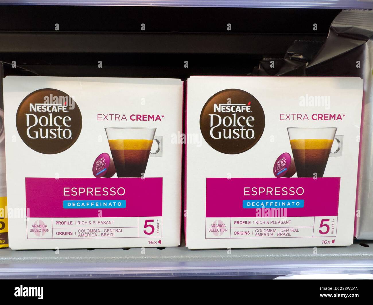 Rich decaffeinated espresso pods on display at a grocery store shelf ...