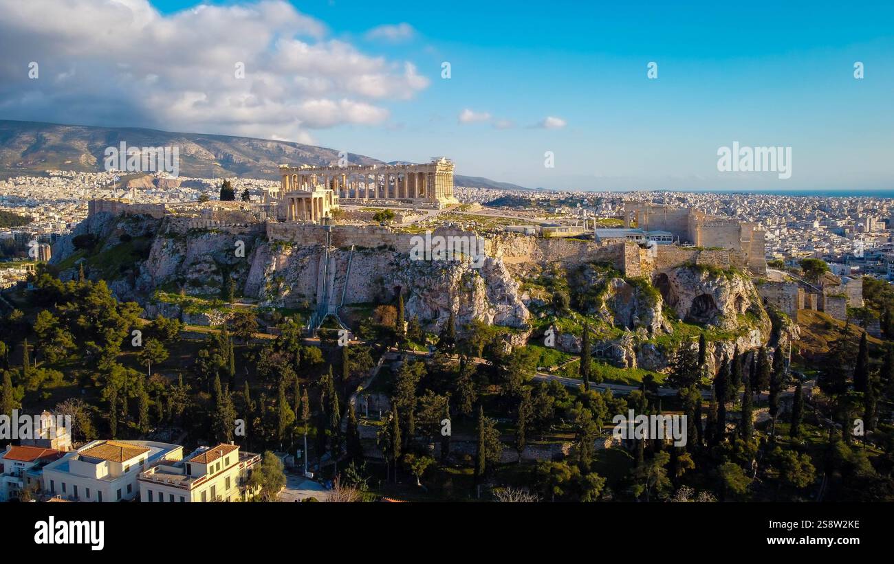 Aerial view of the Acropolis of Athens. Great tourist cultural heritage ...
