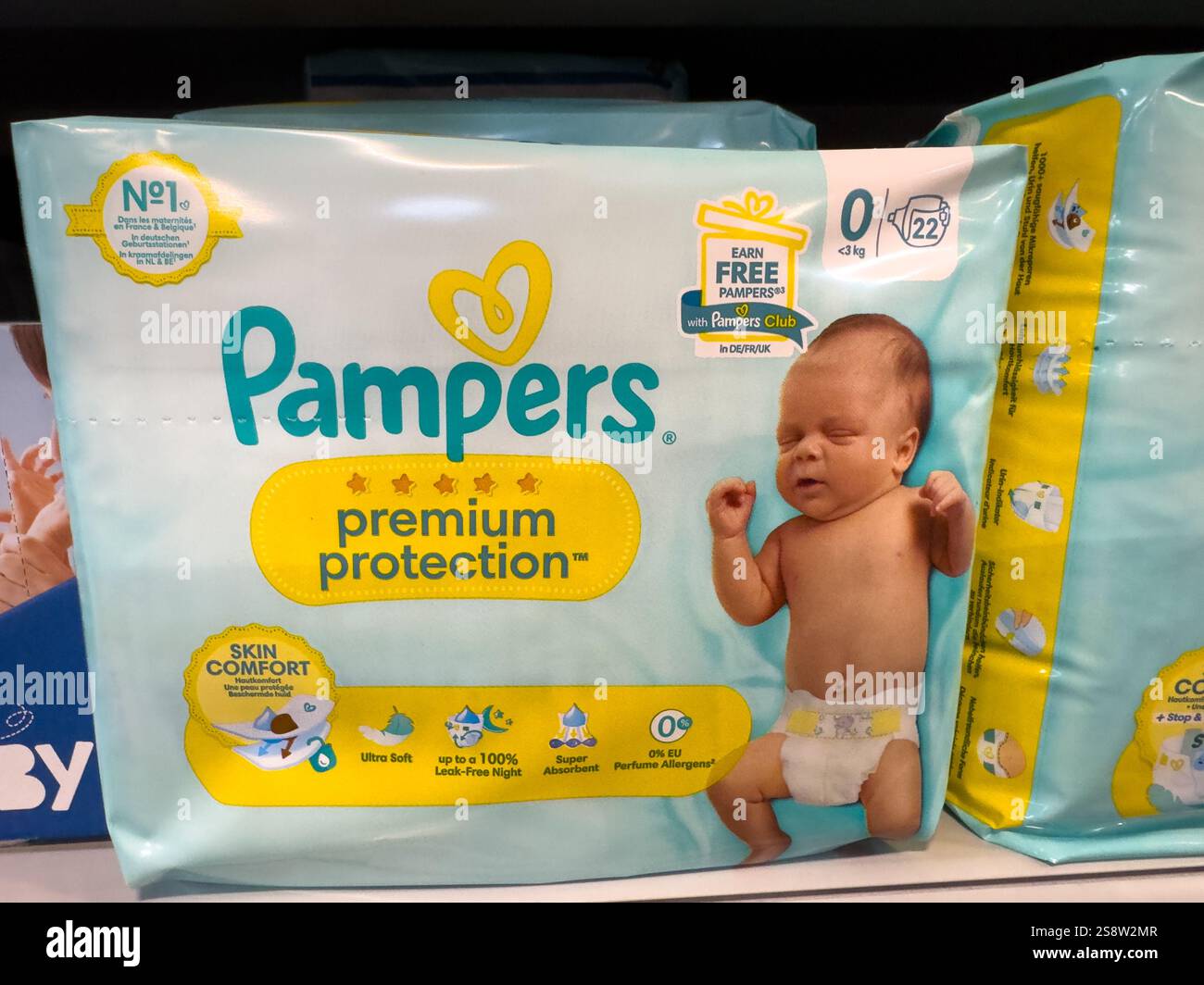 Baby diapers on display in a store for new parents in the afternoon ...