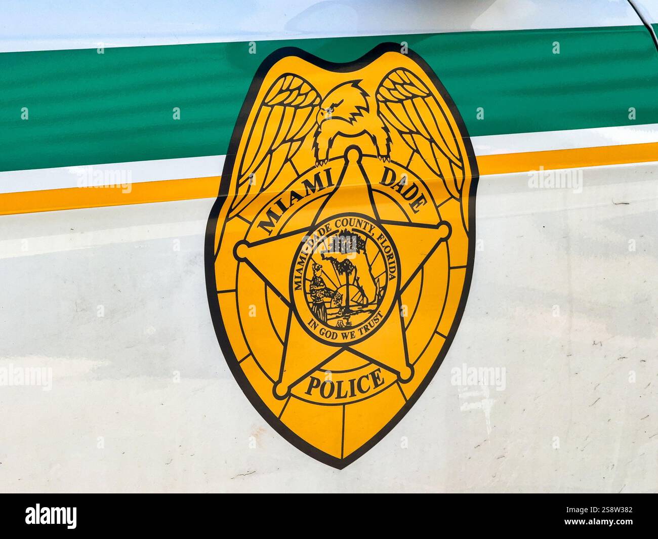Miami, Florida, USA - 4 January 2024: Close up view of the badge on the ...