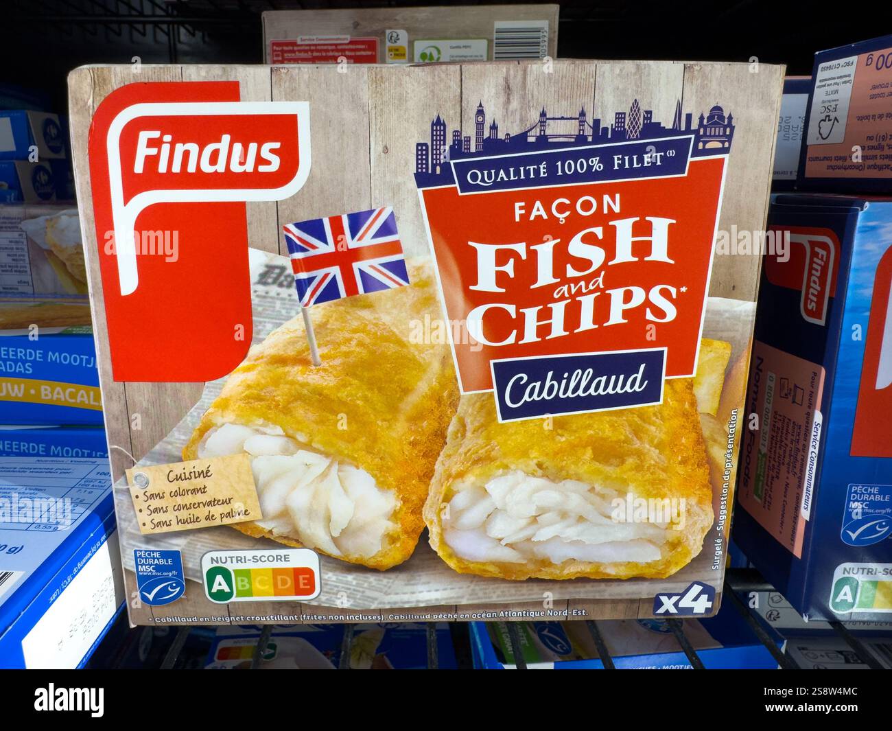 British-style fish and chips packaging seen in grocery store aisle ...