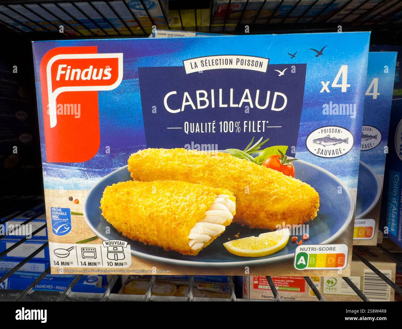 Findus fish fillets packaging displayed in a grocery store freezer ...