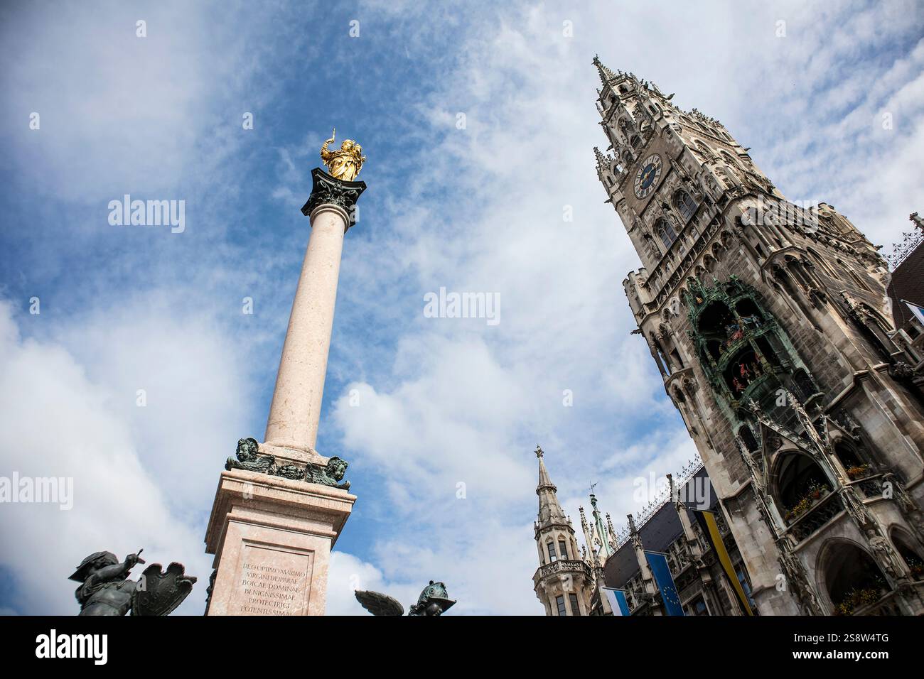Marian column at Marienplatz, pedestrian zone in Munich, Bavaria ...