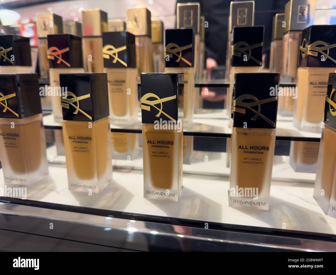 Display of luxury foundation bottles in a cosmetics store Stock Photo ...