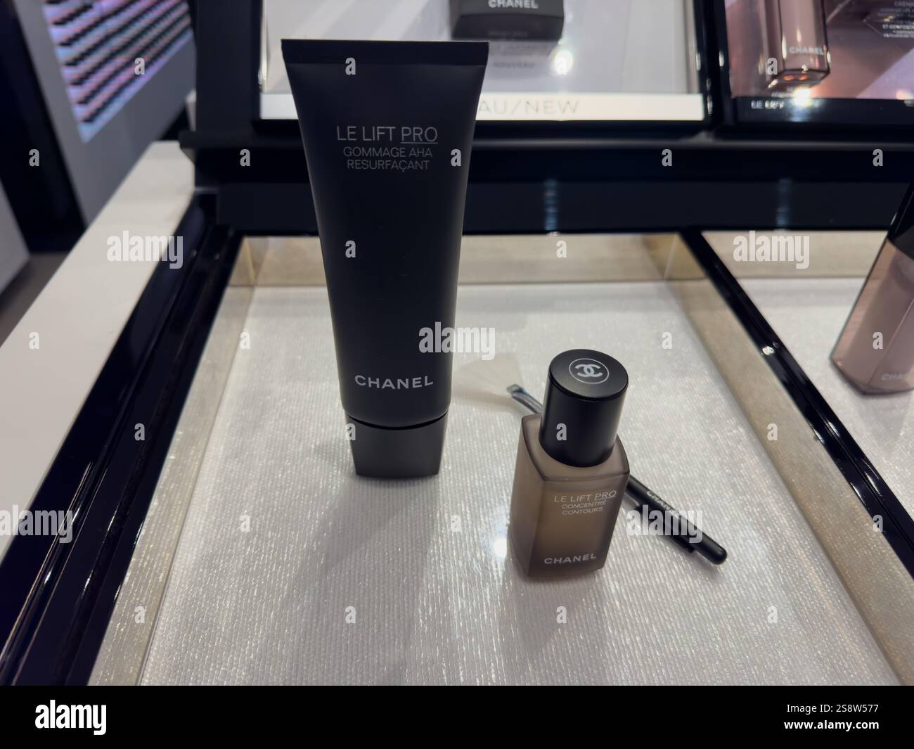 Skin care products displayed on a counter in a beauty store Stock Photo ...