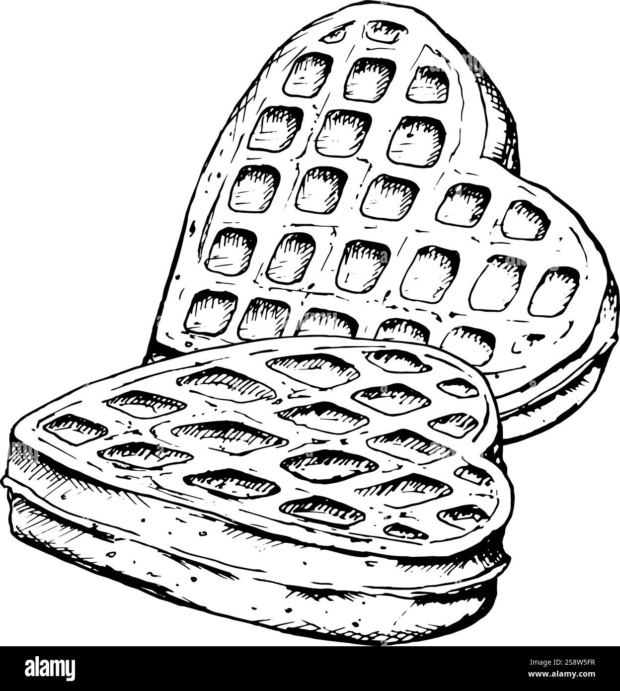 Black and white illustration of two heart-shaped waffles stacked ...