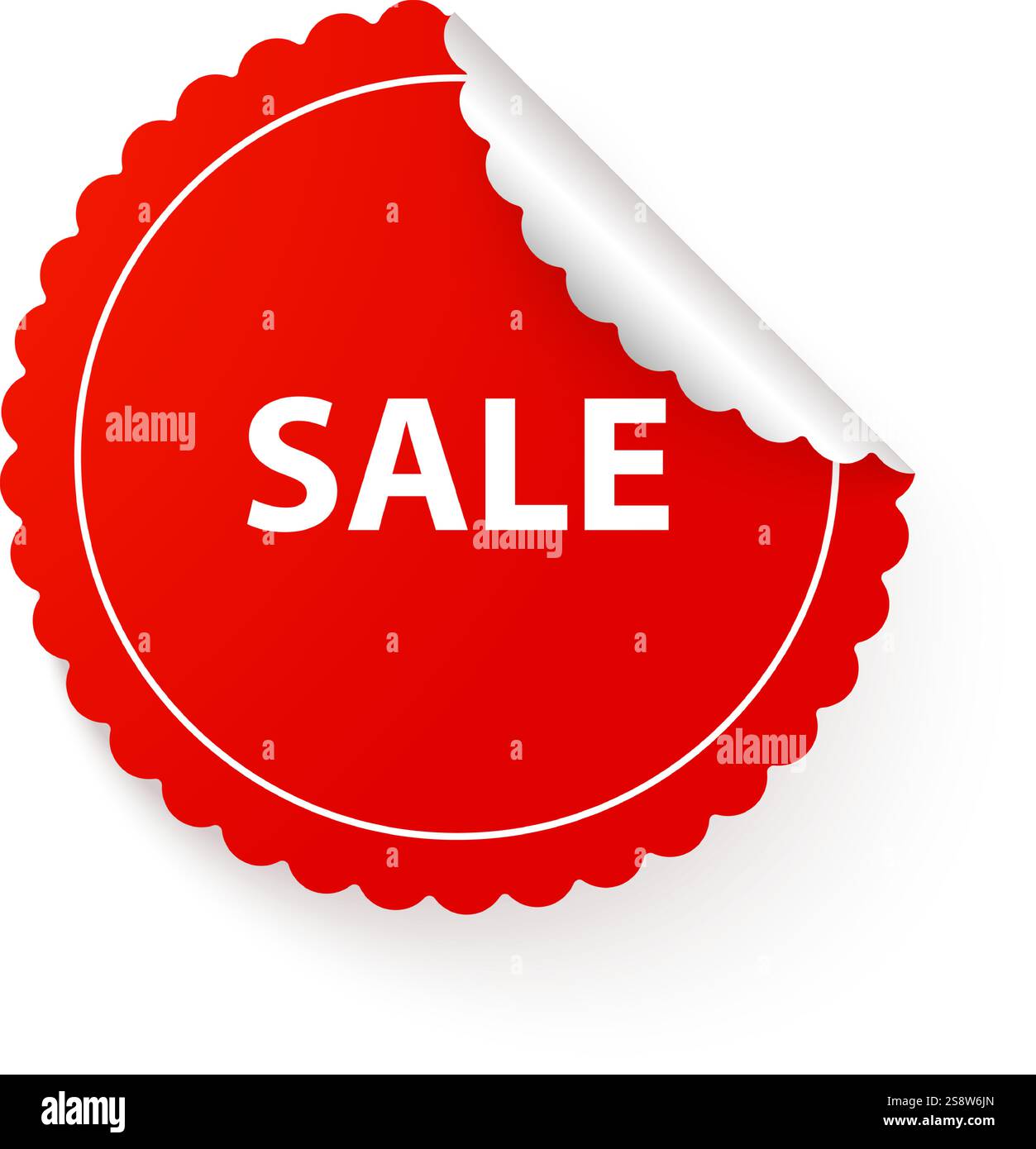 Red round sticker featuring a curled corner, revealing a white ...