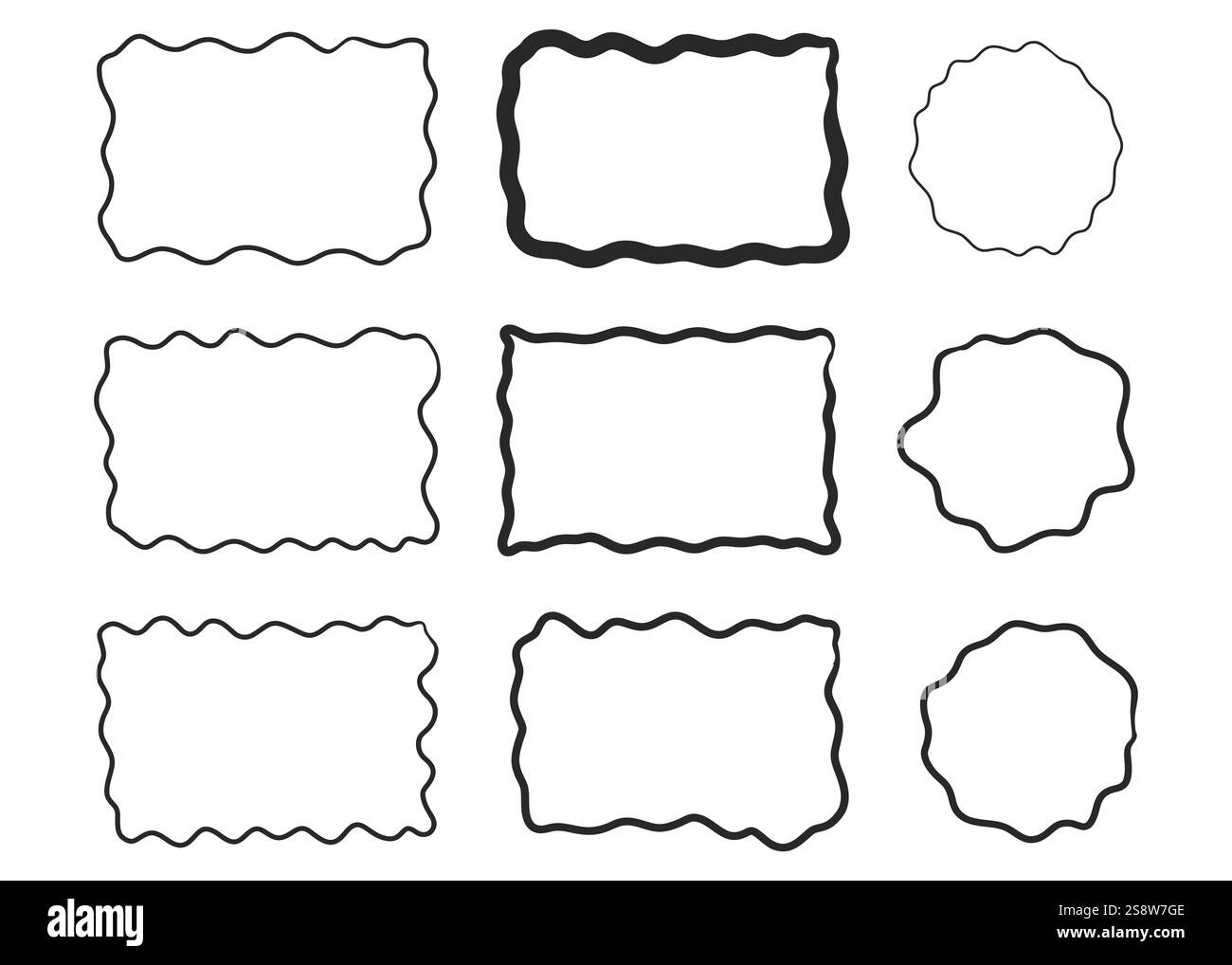 Zig zag frame border squiggle wavy set, underline brush stroke curved edges hand drawn empty tet ...