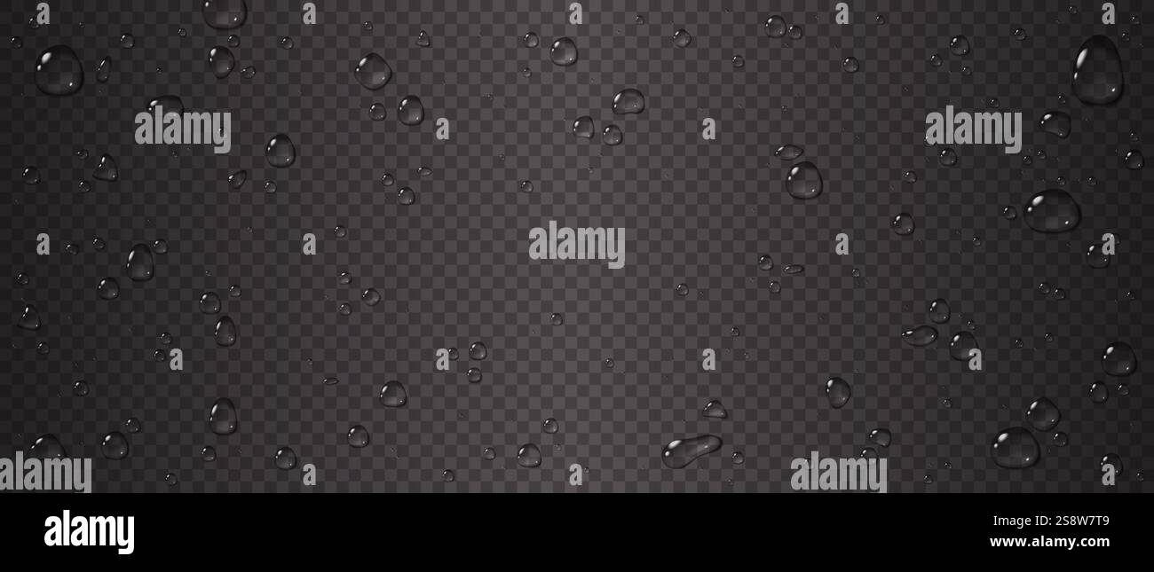 Realistic transparent water droplets on a dark checkered background ...
