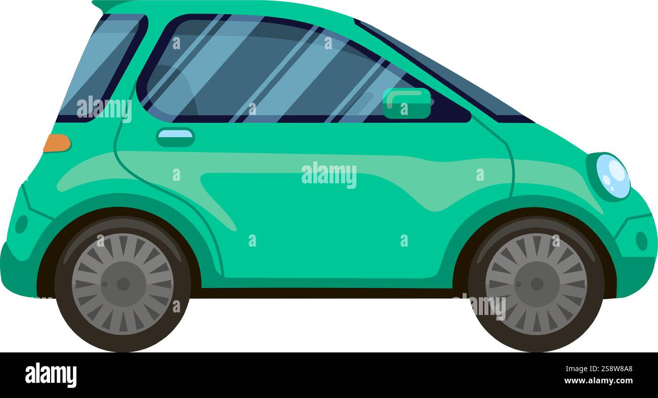 Featuring a sleek side view of a small, green, modern compact car ...