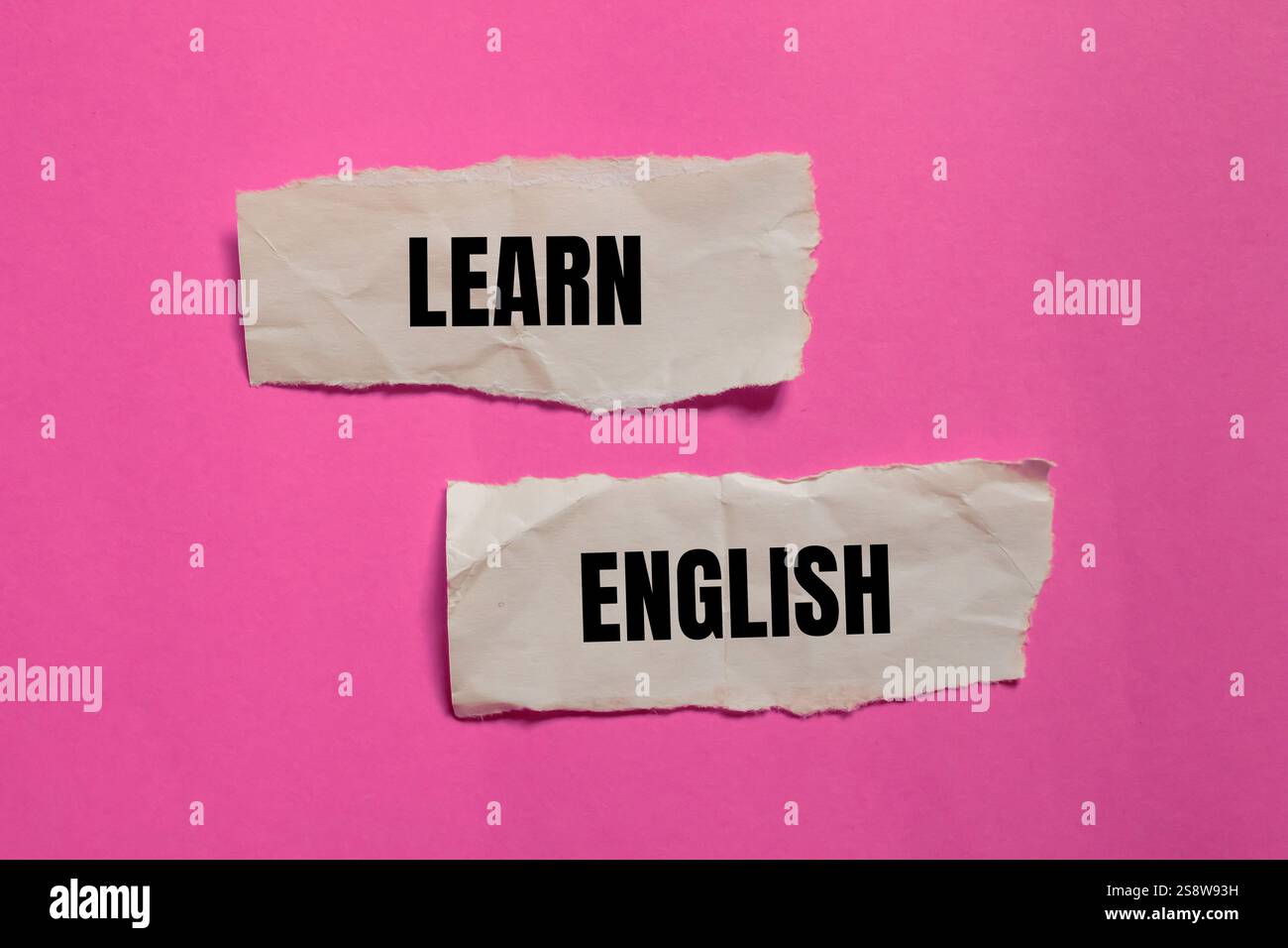 Learn english message written on ripped paper pieces with pink background. Conceptual learn ...