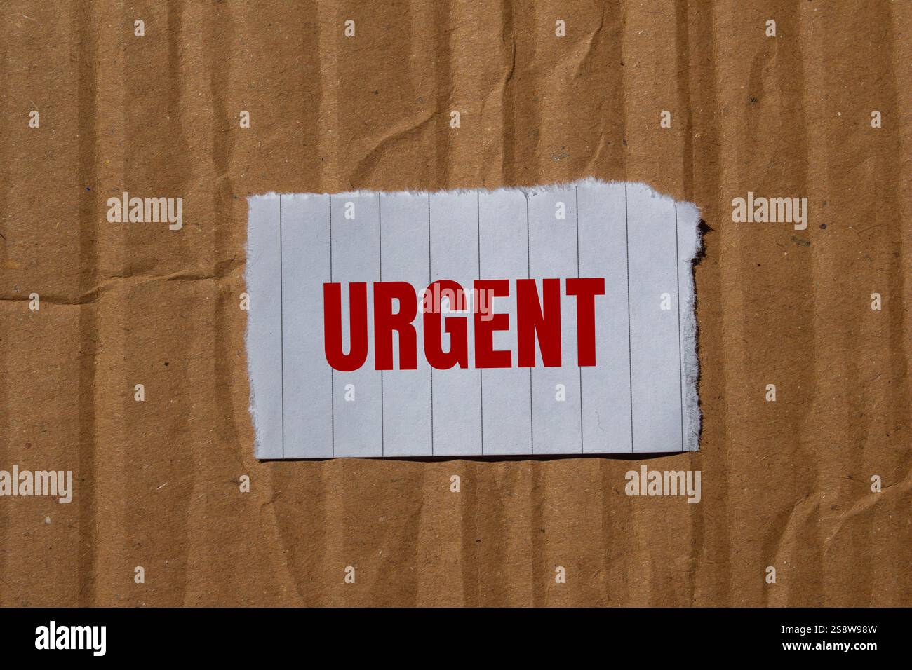 Urgent message written on ripped torn paper piece with cardboard paper ...