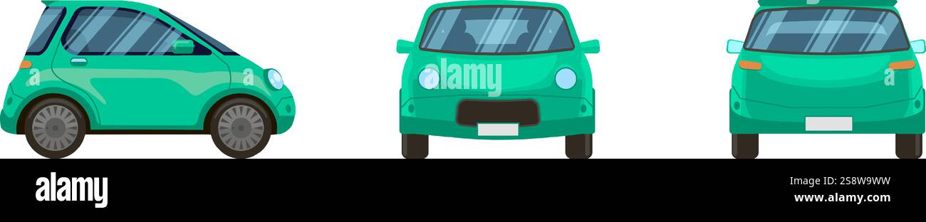 Three views of a green compact car, showcasing its front, side, and ...