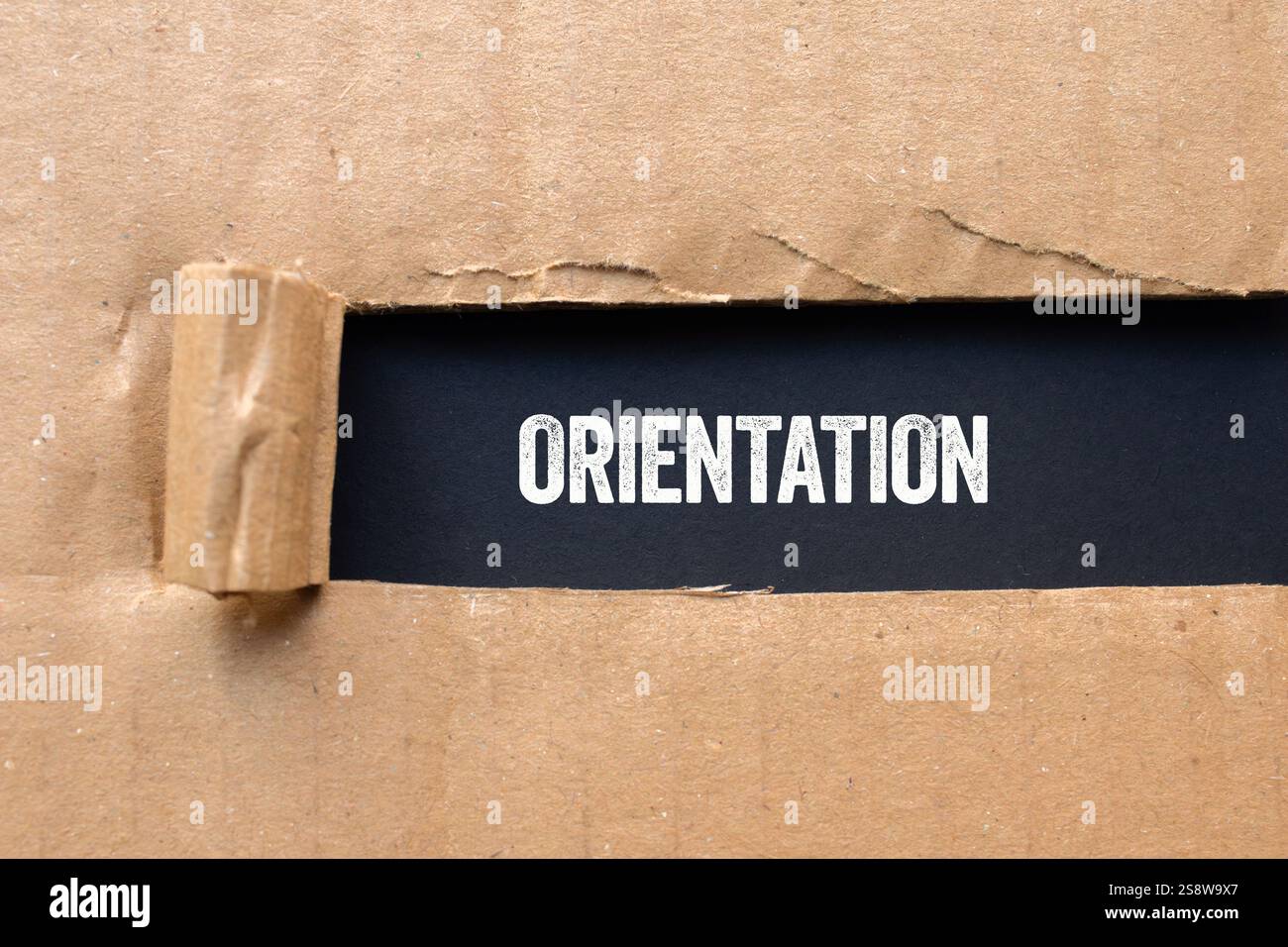 Orientation message written on ripped torn cardboard paper on black background. Conceptual ...