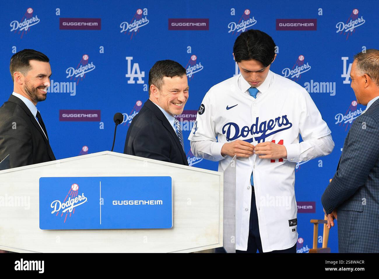 LOS ANGELES, CA - JANUARY 22: Newly acquired Los Angeles Dodgers ...