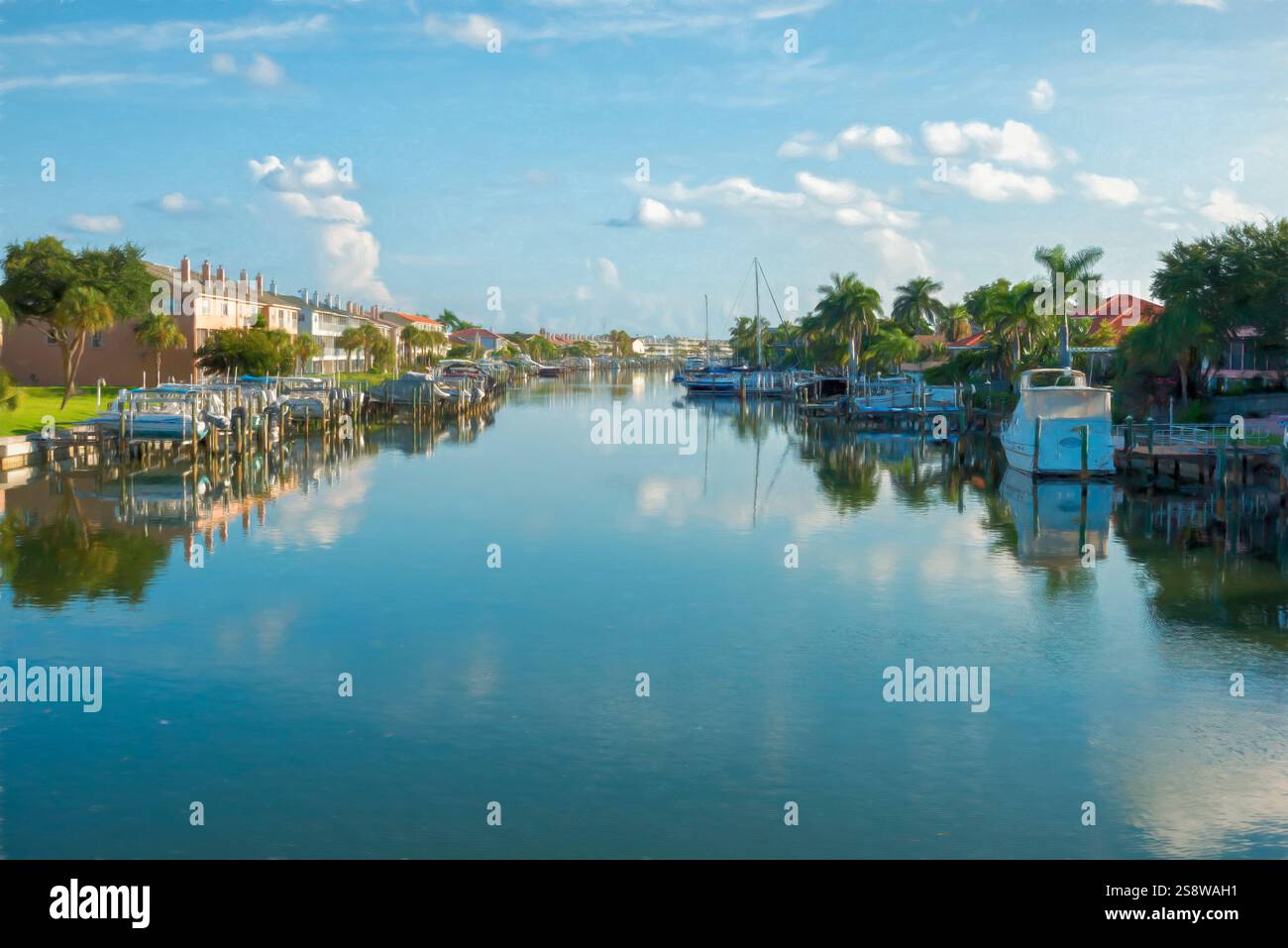 Painterly view of a water canal lined with boat docks and houses in the ...
