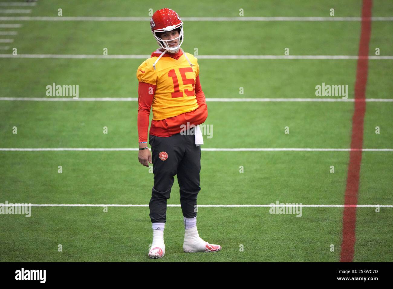Kansas City Chiefs quarterback Patrick Mahomes stretches during the ...