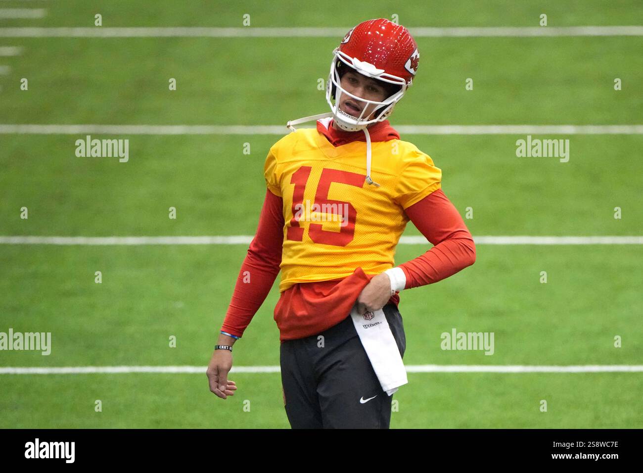 Kansas City Chiefs quarterback Patrick Mahomes stretches during the ...