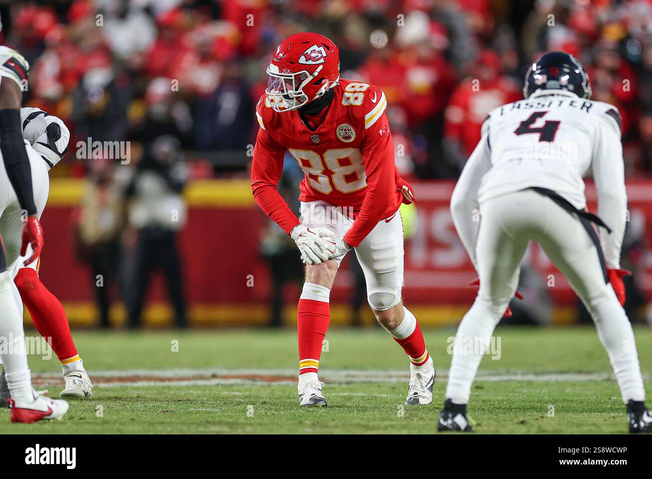 Kansas City, MO, USA. 18th Jan, 2025. Kansas City Chiefs tight end ...