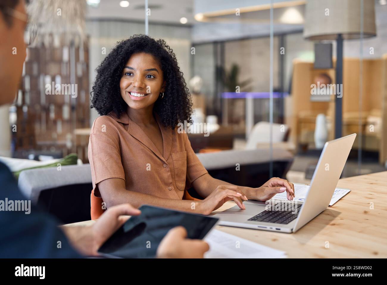 African American female bank manager consulting male client at meeting ...