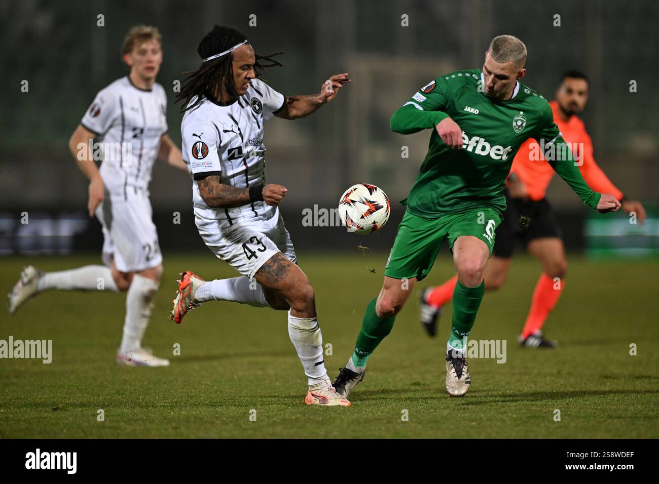 Midtjylland's Kevin Mbabu vies for the ball with Ludogorets' Jakub ...