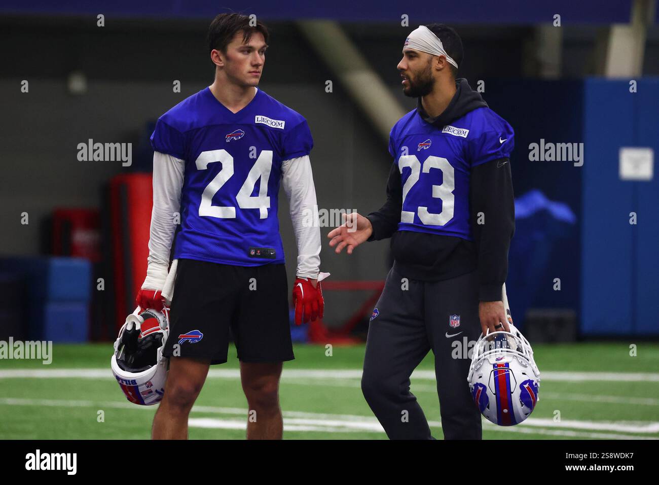 Buffalo Bills safety Cole Bishop (24) and safety Micah Hyde (23) talk ...