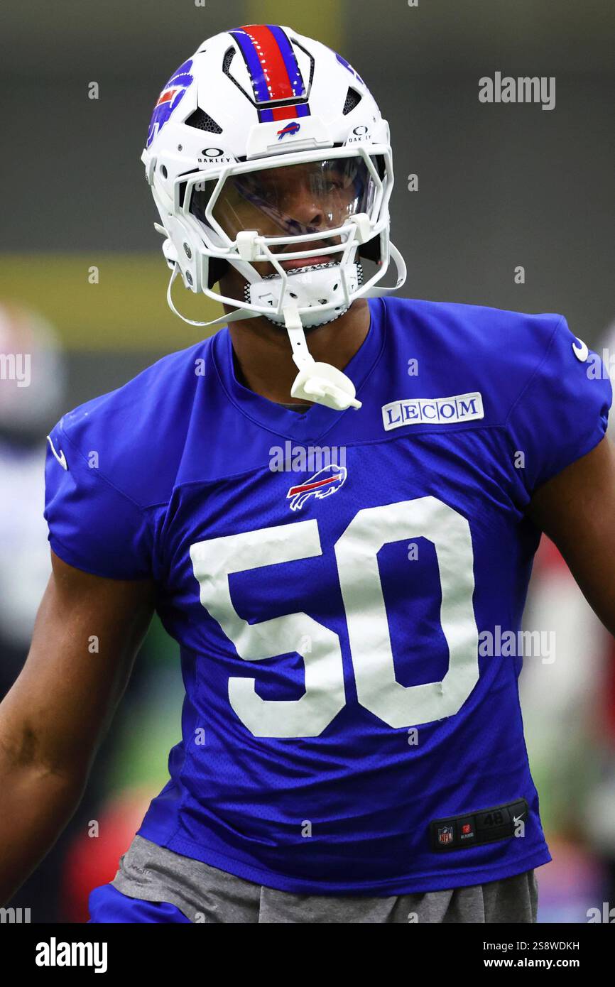 Buffalo Bills defensive end Greg Rousseau (50) stretches during NFL ...