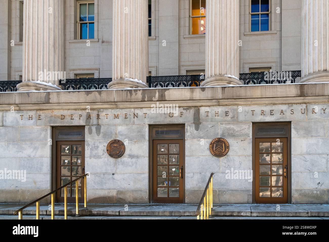 Facade of the U.S. Department of the Treasury building with prominent ...